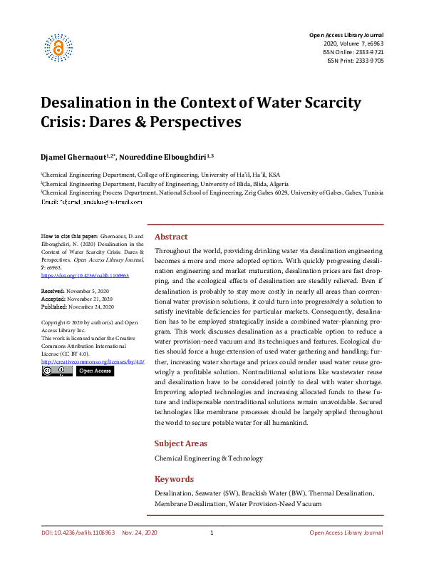 (PDF) Desalination in the Context of Water Scarcity Crisis: Dares ...