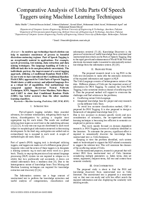 Pdf Comparative Analysis Of Urdu Parts Of Speech Taggers Using Machine Learning Techniques