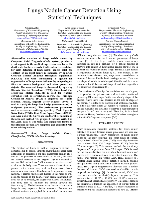 (PDF) Lungs Nodule Cancer Detection Using Statistical Techniques