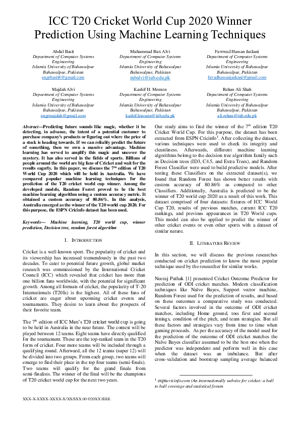 (PDF) ICC T20 Cricket World Cup 2020 Winner Prediction Using Machine ...