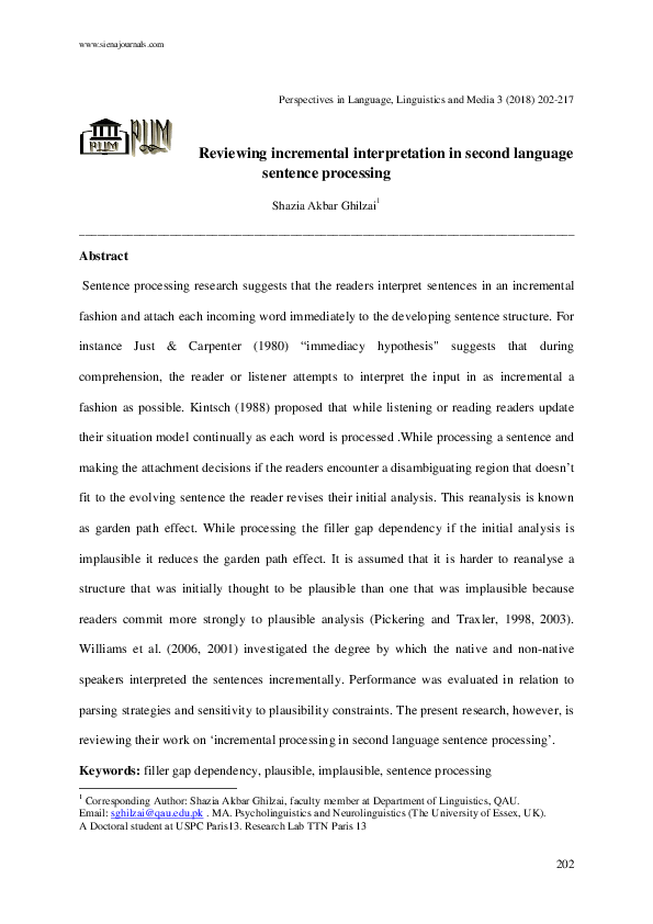 (PDF) Reviewing incremental interpretation in second language sentence processing