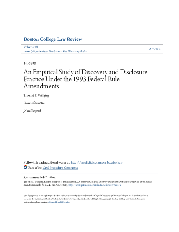 (PDF) An Empirical Study of Discovery and Disclosure Practice Under the ...