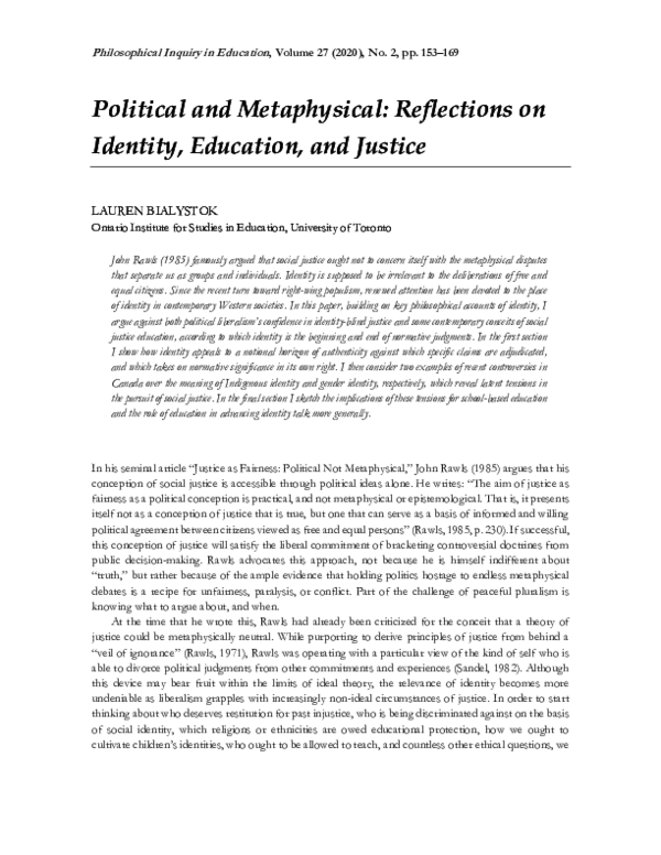 (PDF) Political and Metaphysical: Reflections on Identity, Education ...