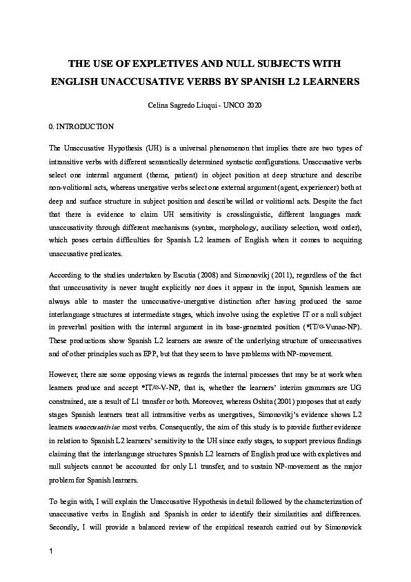 (PDF) THE USE OF EXPLETIVES AND NULL SUBJECTS WITH ENGLISH UNACCUSATIVE ...