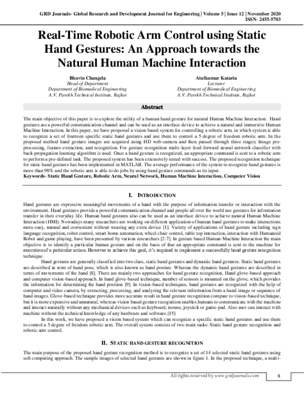 (PDF) Real-Time Robotic Arm Control using Static Hand Gestures: An Approach towards the Natural ...