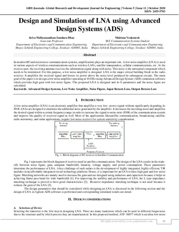 (PDF) Design and Simulation of LNA using Advanced Design Systems (ADS