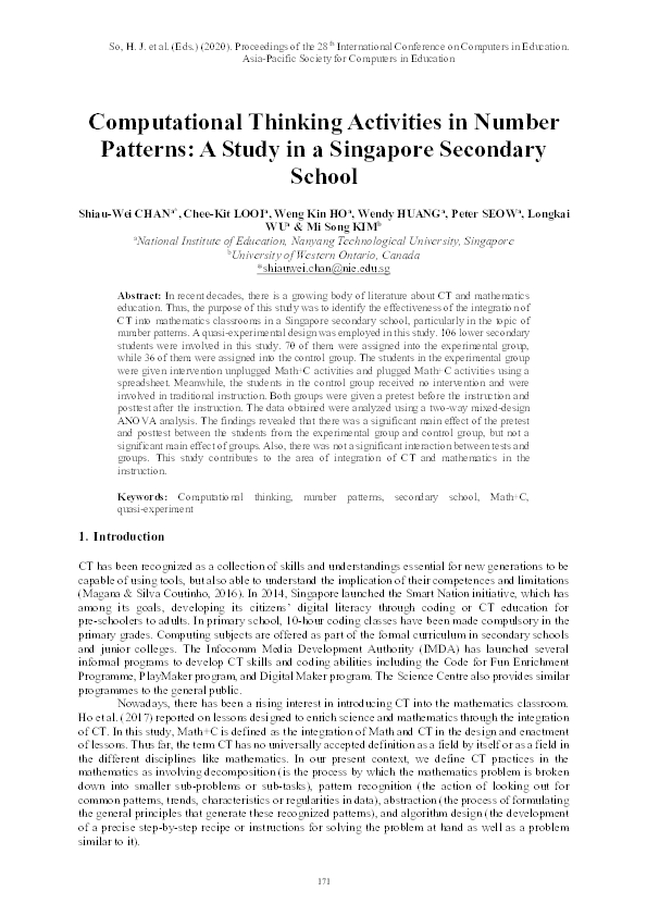 (PDF) Computational Thinking Activities in Number Patterns: A Study in a Singapore Secondary School