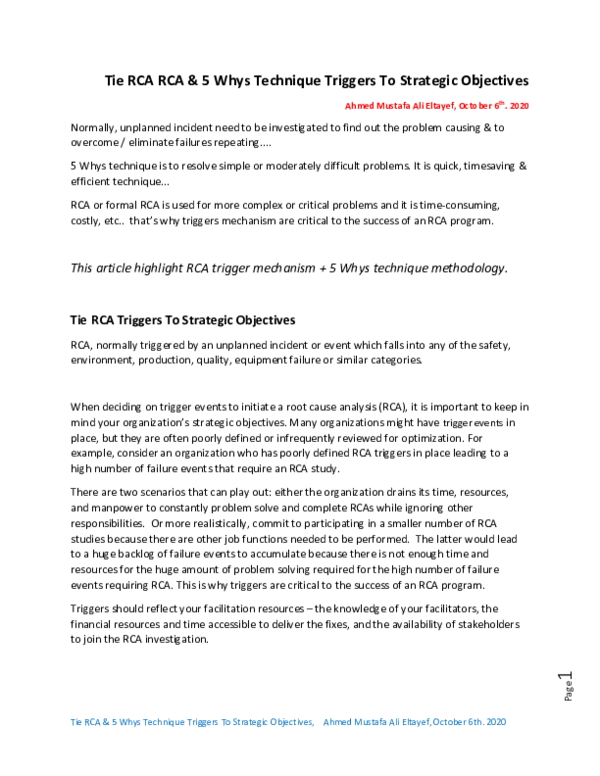 (PDF) Tie RCA & 5 Whys Technique Triggers To Strategic Objectives