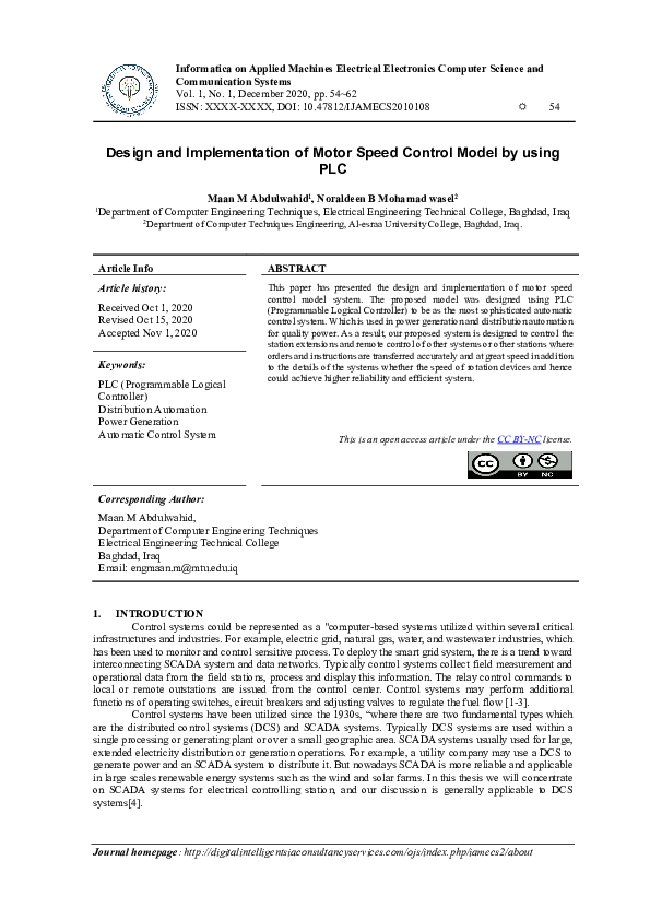 Pdf Design And Implementation Of Motor Speed Control Model By Using Plc