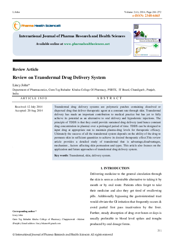 (PDF) Review on Transdermal Drug Delivery System