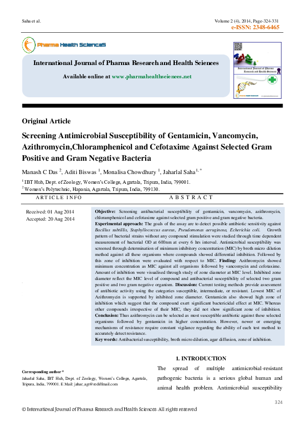 (PDF) Screening Antimicrobial Susceptibility of Gentamicin, Vancomycin ...