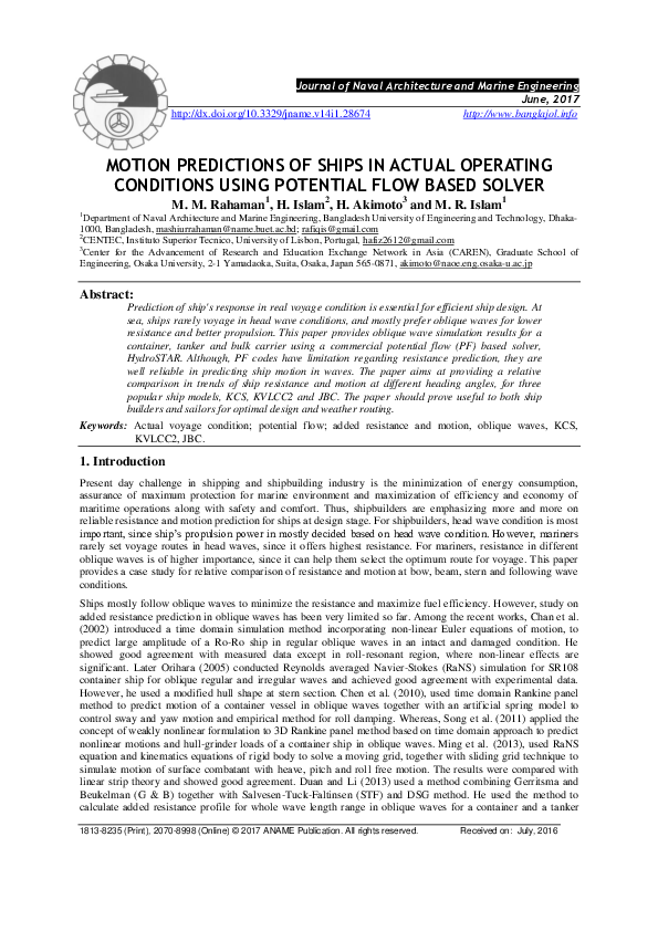 (PDF) MOTION PREDICTIONS OF SHIPS IN ACTUAL OPERATING CONDITIONS USING ...