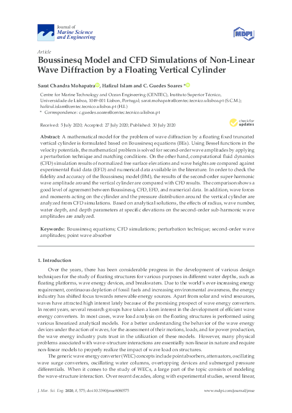 Pdf Boussinesq Model And Cfd Simulations Of Non Linear Wave Diffraction By A Floating Vertical