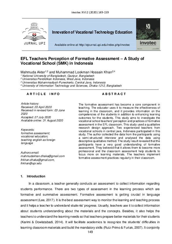 (PDF) EFL Teachers Perception of Formative Assessment -A Study of Vocational School (SMK) in ...