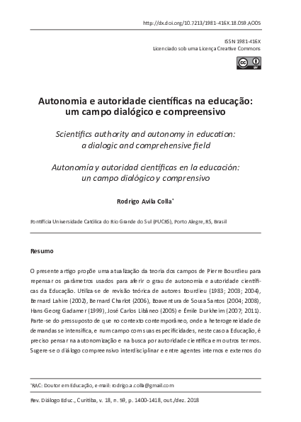 (PDF) COLLA Rodrigo Avila Autonomia e autoridade cientificas na ...