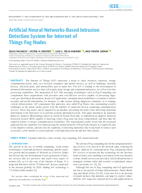 (PDF) Artificial Neural Networks-Based Intrusion Detection System for Internet of Things Fog Nodes