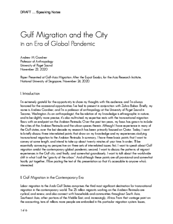 (PDF) Gulf Migration and the City in an Era of Global Pandemic