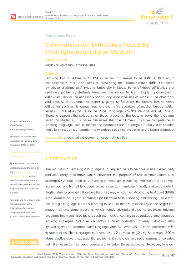 (PDF) Communication Difficulties Faced By Undergraduate Libyan Students