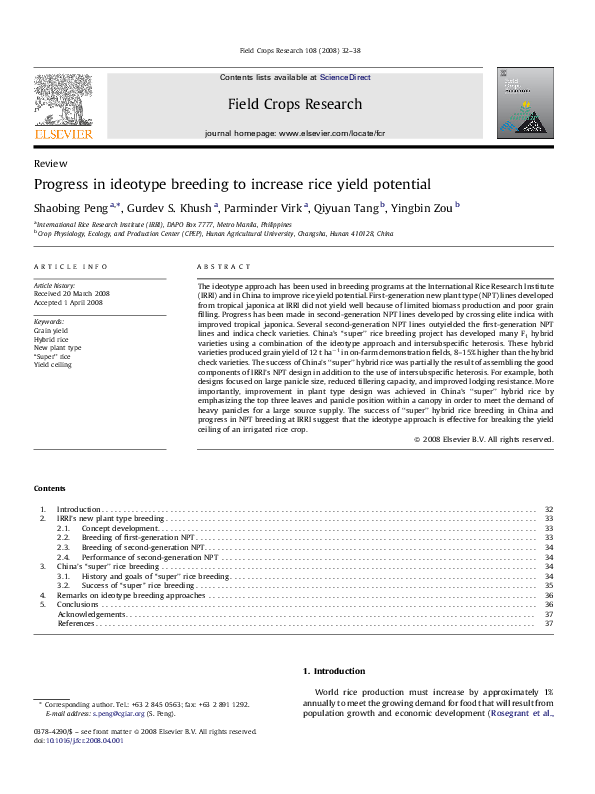 (PDF) Progress in ideotype breeding to increase rice yield potential