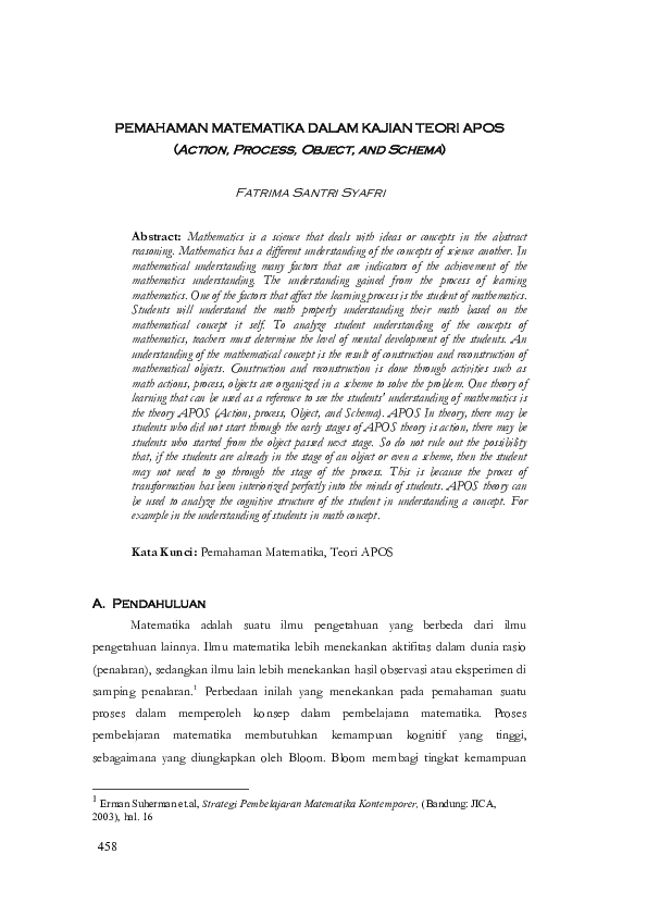 (PDF) PEMAHAMAN MATEMATIKA DALAM KAJIAN TEORI APOS (Action, Process, Object, and Schema