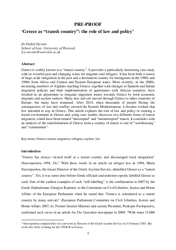 (PDF) PRE-PROOF 'Greece as " transit country " : the role of law and ...