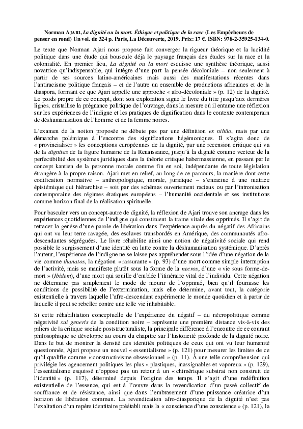 (PDF) Compte-rendu. La dignité ou la mort de Norman Ajari.