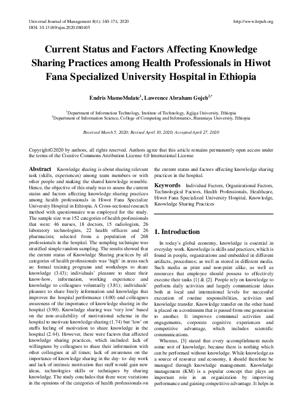 (PDF) Current Status and Factors Affecting Knowledge Sharing Practices among Health ...