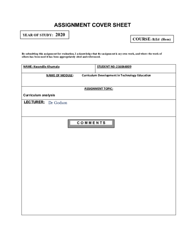 (DOC) ASSIGNMENT COVER SHEET | Nomusa Khumalo - Academia.edu