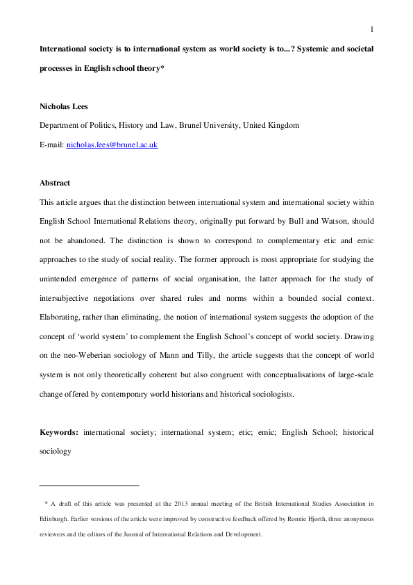 (PDF) International society is to international system as world society ...