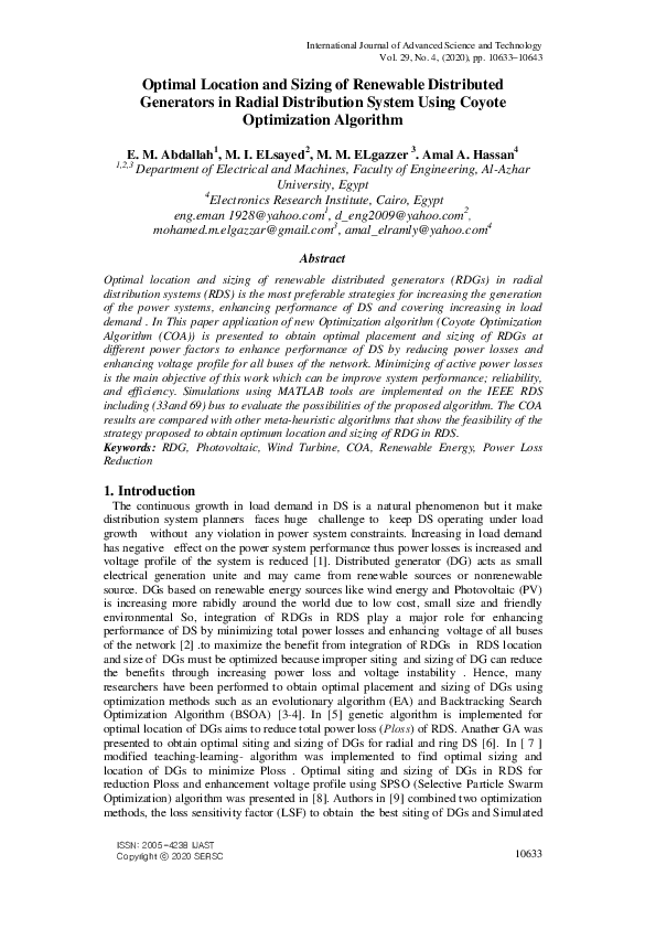 Pdf Optimal Location And Sizing Of Renewable Distributed Generators In Radial Distribution
