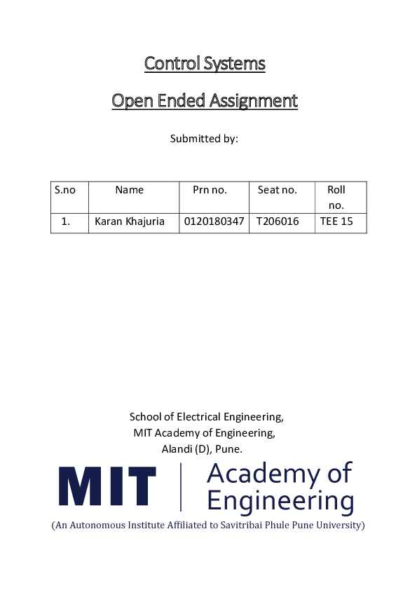 (PDF) Control Systems Open Ended Assignment