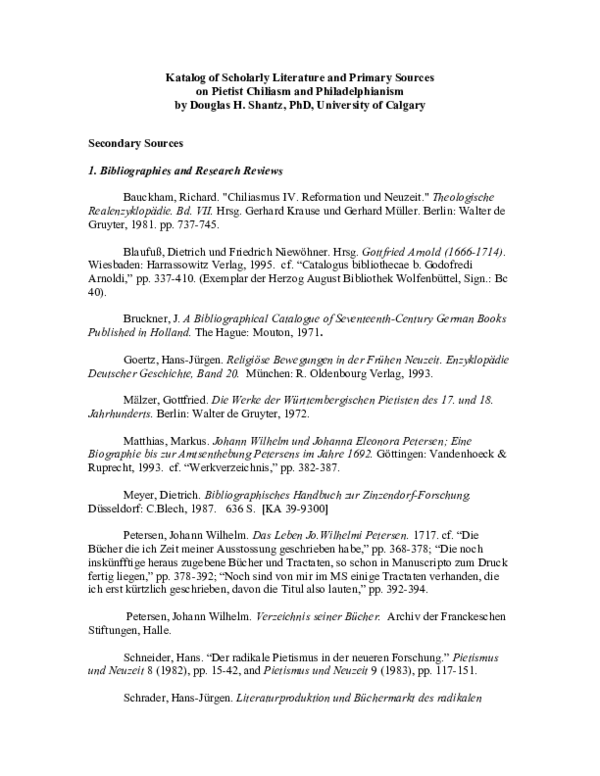 (PDF) Katalog of works on Pietist Chiliasm and Philadelphianism