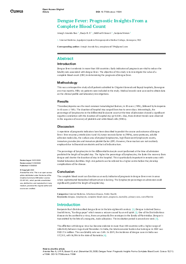 (PDF) Dengue Fever: Prognostic Insights From a Complete Blood Count