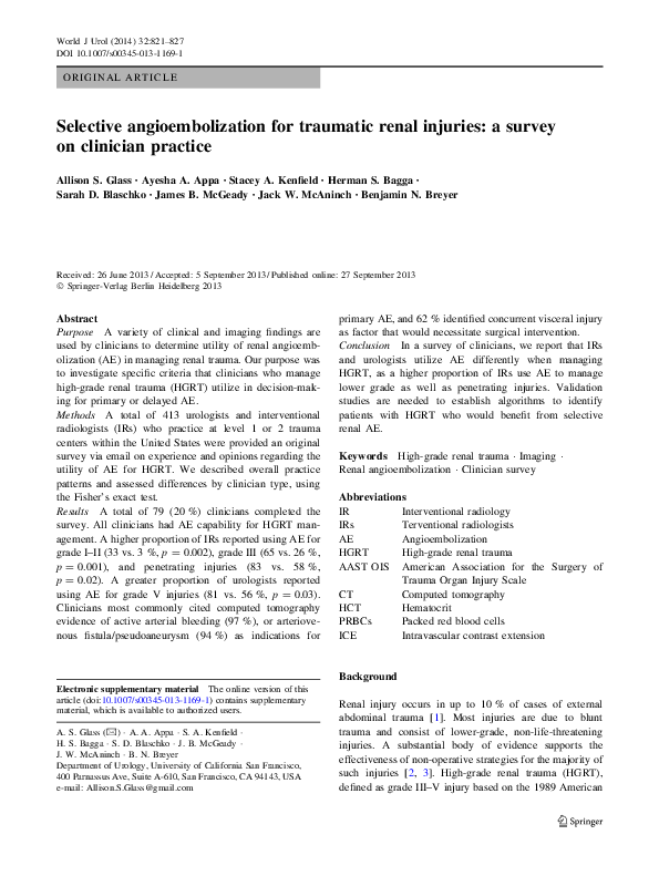 (PDF) Selective angioembolization for traumatic renal injuries: a ...