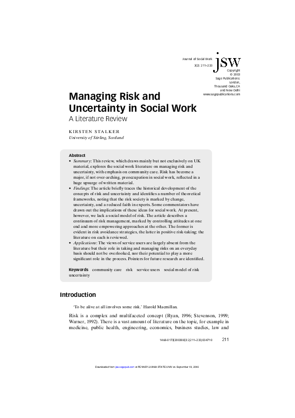 (PDF) Managing Risk and Uncertainty in Social Work A Literature Review