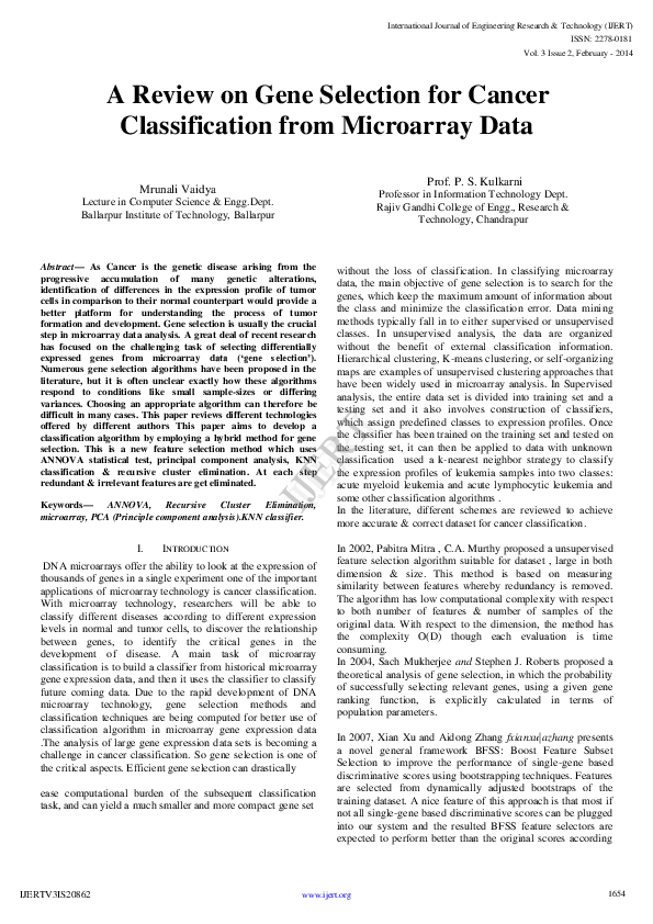 Pdf Ijert A Review On Gene Selection For Cancer Classification From Microarray Data Ijert