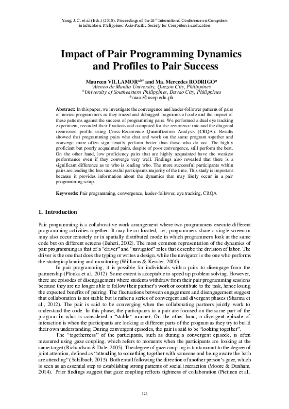 (PDF) Impact of Pair Programming Dynamics and Profiles to Pair Success