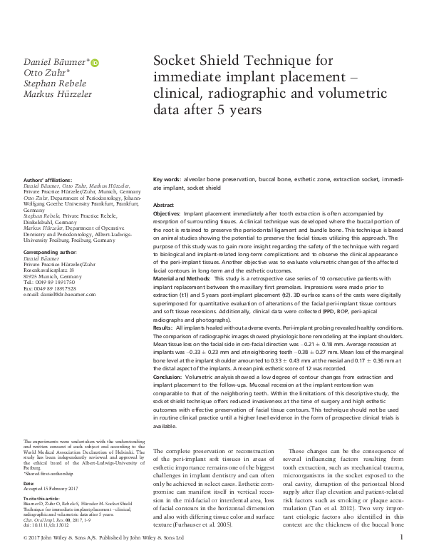 (PDF) Daniel B€ aumer* Socket Shield Technique for immediate implant placement - clinical ...