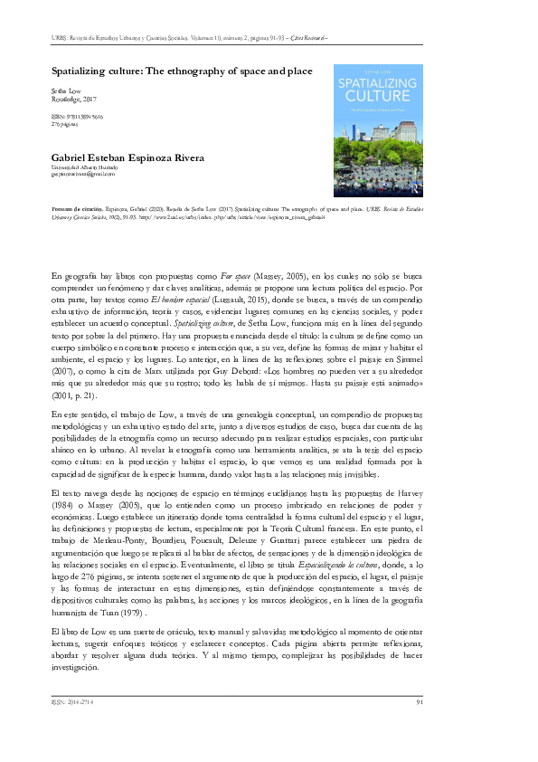 (PDF) Reseña de Setha Low (2017) Spatializing culture: The etnography ...