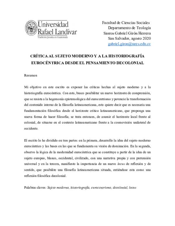 (PDF) CRITICA AL SUJETO MODERNO Y A LA HISTORIOGRAFIA EUROCENTRICA ...