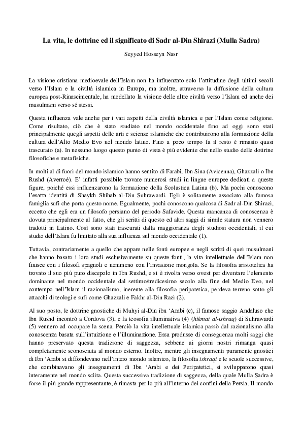 (PDF) S. H. Nasr "La vita, le dottrine ed il significato di Sadr al-Din ...