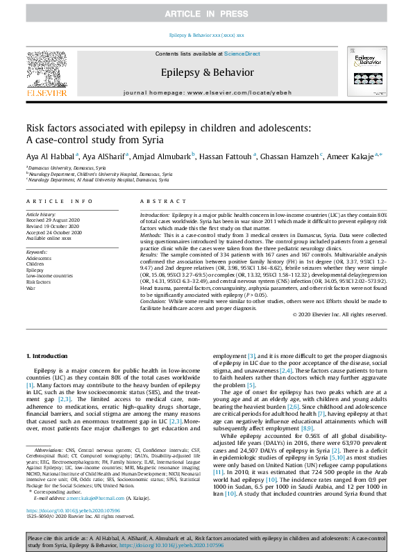 (PDF) Risk factors associated with epilepsy in children and adolescents ...