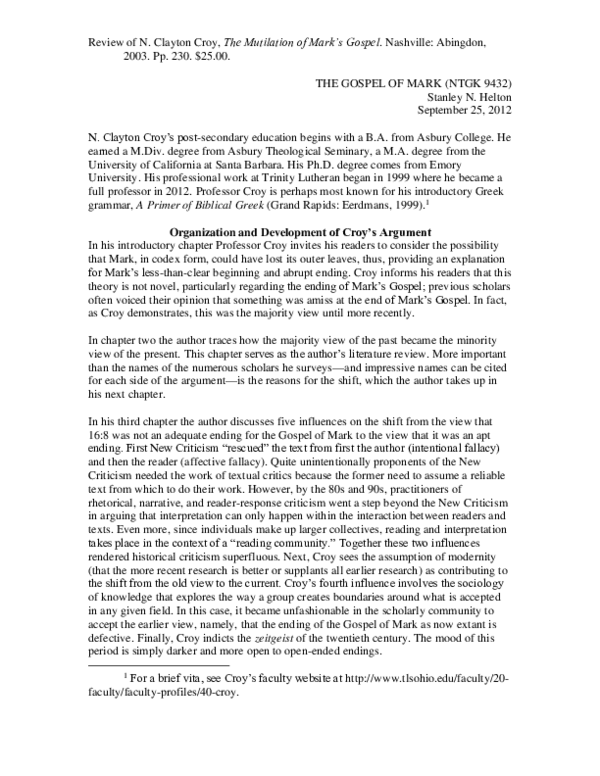 (PDF) Review of N. Clayton Croy, The Mutilation of Mark’s Gospel.
