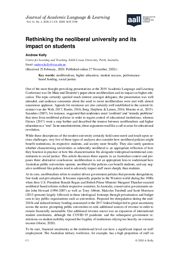 (PDF) Rethinking the neoliberal university and its impact on students
