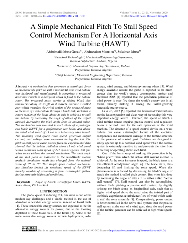 (PDF) A Simple Mechanical Pitch To Stall Speed Control Mechanism For A ...