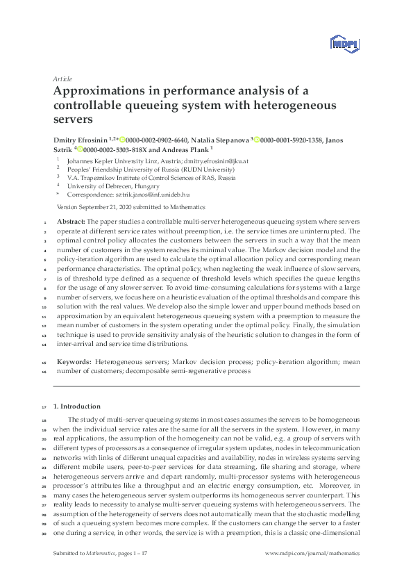 Pdf Approximations In Performance Analysis Of A Controllable Queueing System With