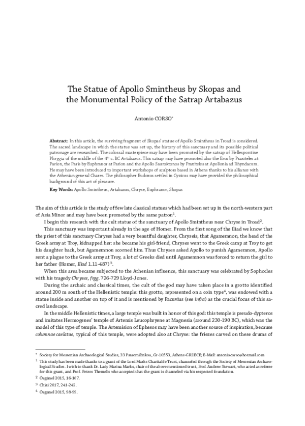 (PDF) The Statue of Apollo Smintheus by Skopas and the Monumental ...