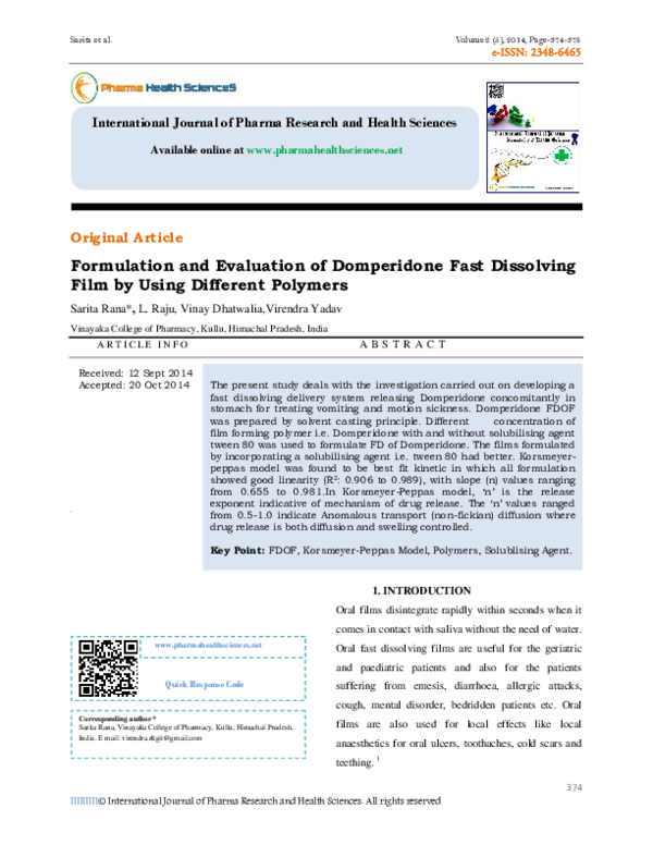 Pdf Formulation And Evaluation Of Domperidone Fast Dissolving Film By Using Different Polymers