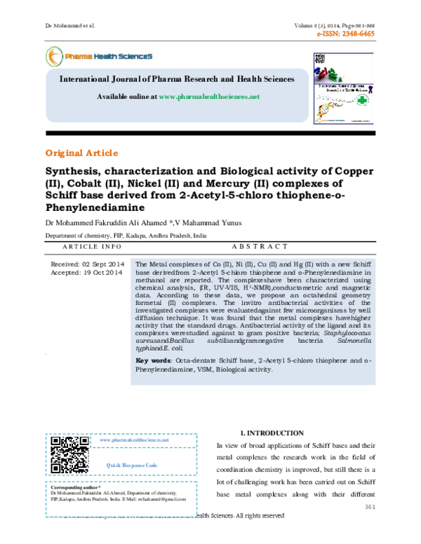 (PDF) Synthesis, characterization and Biological activity of Copper (II), Cobalt (II), Nickel ...