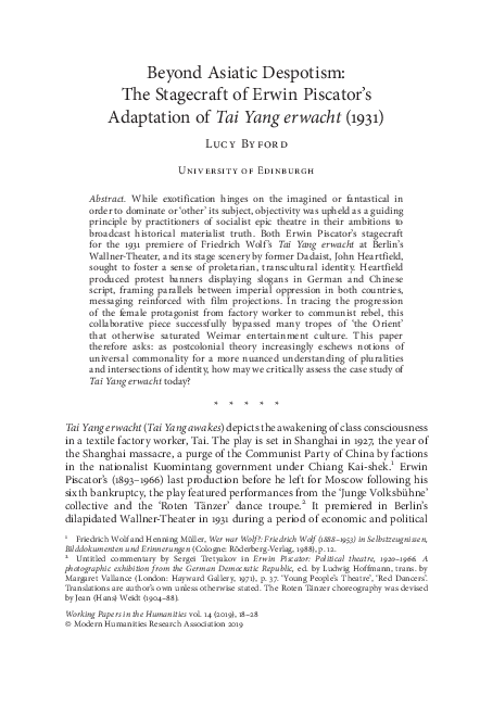 (PDF) Beyond Asiatic Despotism: The Stagecraft of Erwin Piscator's Adaptation of "Tai Yang ...